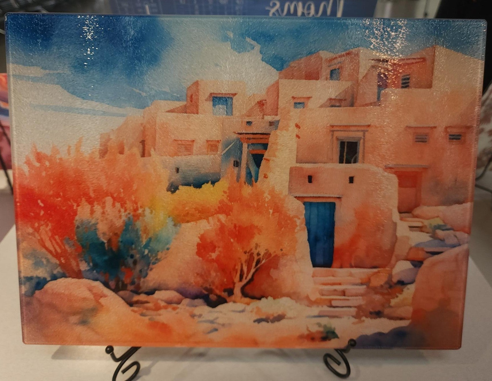 Watercolor Adobe Village on a Sublimated Glass Cutting Board – R&R ...